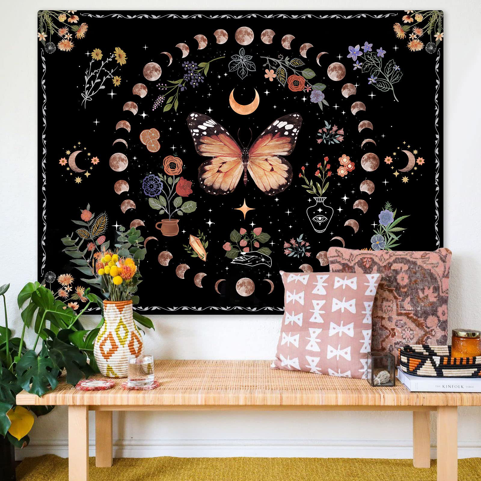 PET SUPPLY PLUS INC Orange Butterfly Moon Flower Tapestry Boho Floral Plant Tapestries For ...